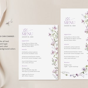 Boho Lavender Menu Template, Bridal Shower Wedding Menu Cards, Floral ...