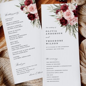 Burgundy Blush Pink Wedding Programs Template, Ceremony Program, Boho ...
