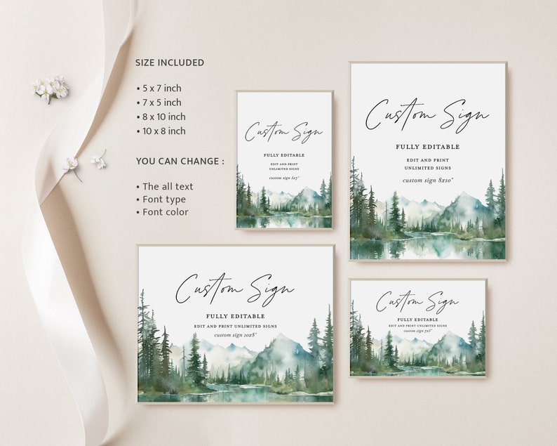 Mountain Custom Wedding Sign Template, Lake Woodland Forest Reception ...