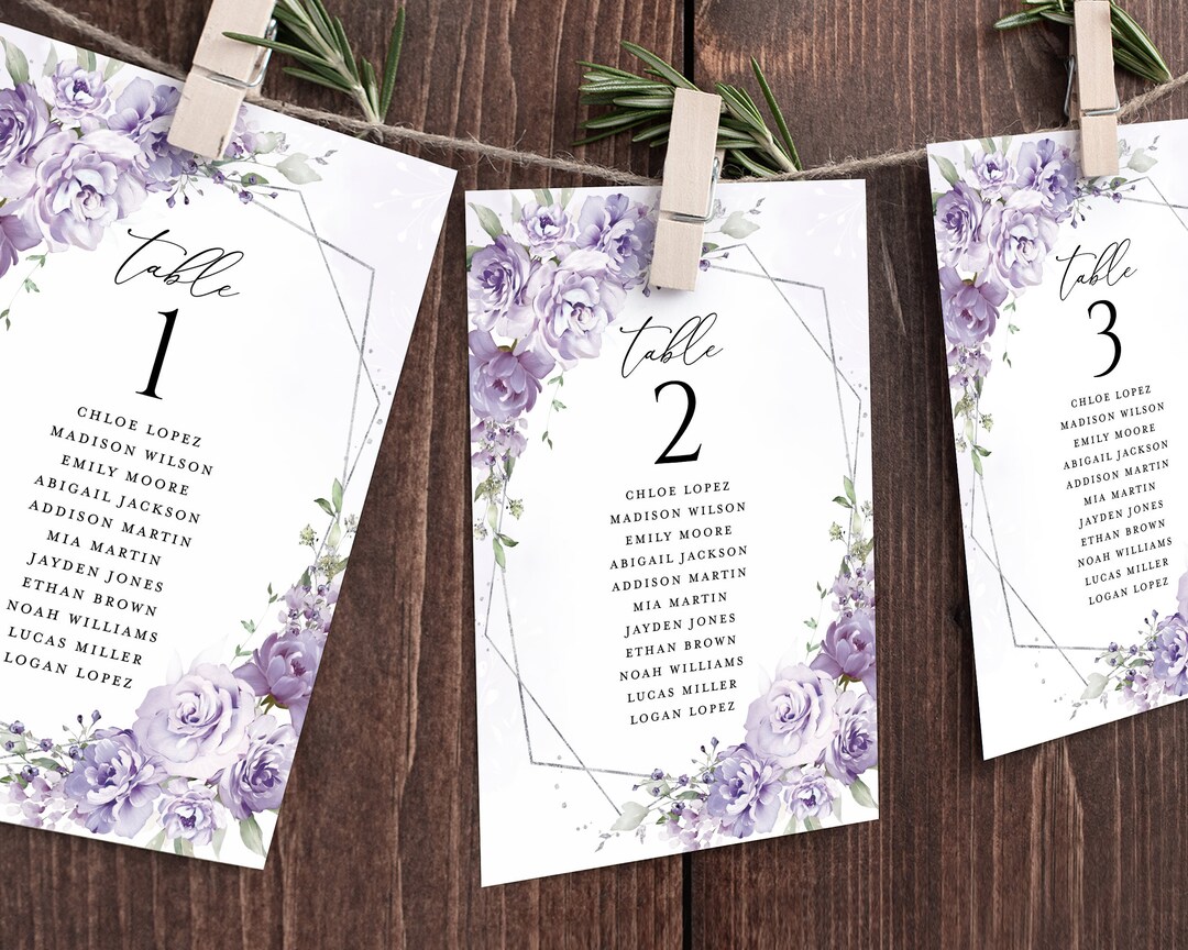 Lavender Floral Wedding Seating Chart Card Template, Lilac Silver Table ...