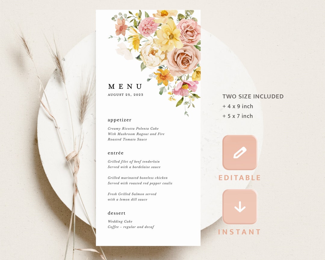 Colorful Pastel Wedding Menu Cards Template, Floral Reception Menu ...