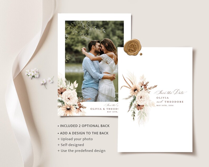 Boho Save the Date Cards Template, Photo Sage Floral Wedding Save the ...