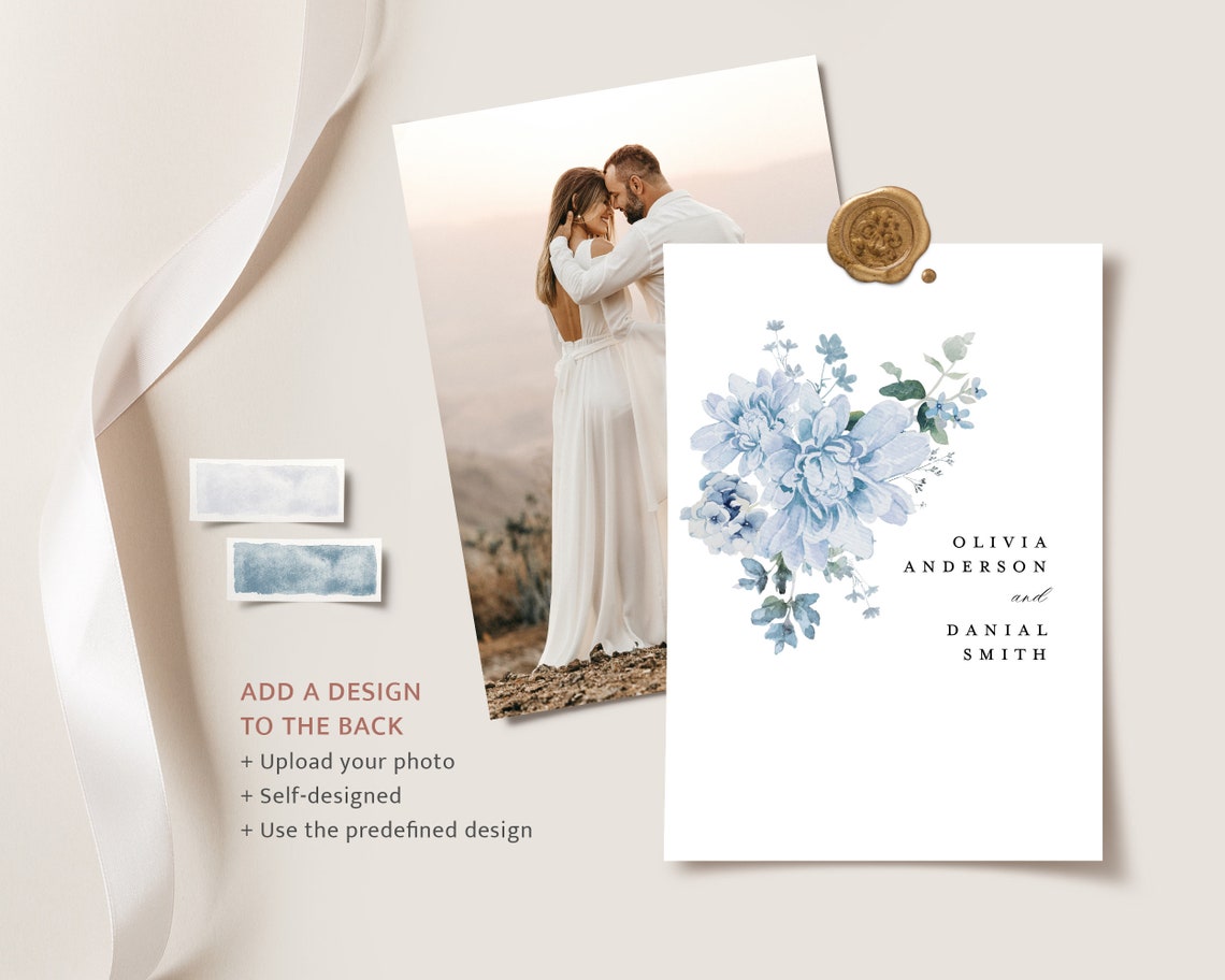 Dusty Blue Wedding Invitation Template Steel Blue Floral | Etsy