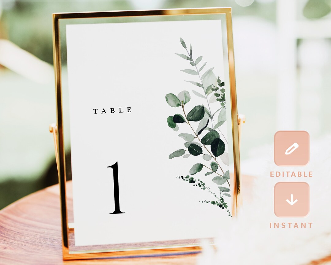 Sage Green Wedding Table Number Card Template, Greenery Table Numbers ...