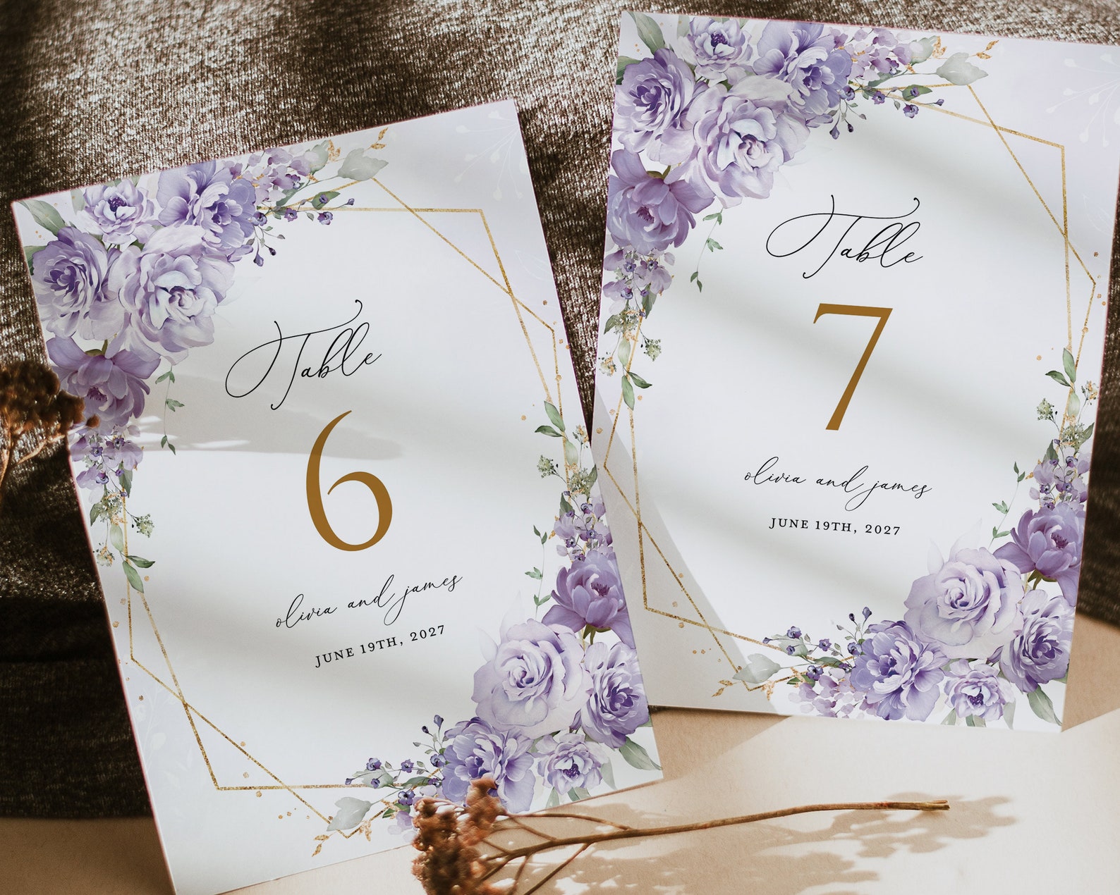 Lavender Floral Wedding Table Number Card Template, Lilac Gold Table ...
