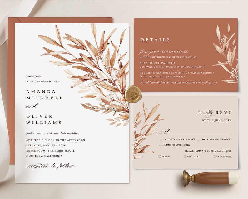 Terracotta Wedding Invitation Template Rustic Fall Wedding - Etsy