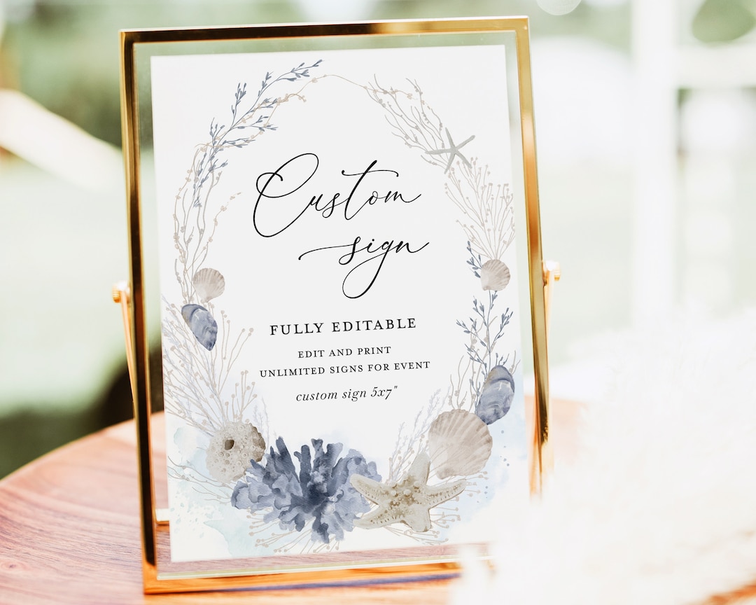 Boho Beach Custom Wedding Sign Template, Blue Ocean Reception Table ...