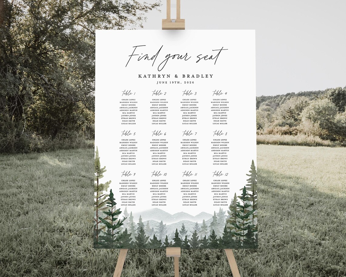Mountain Wedding Seating Chart Template, Printable Woodland Forest Pine ...