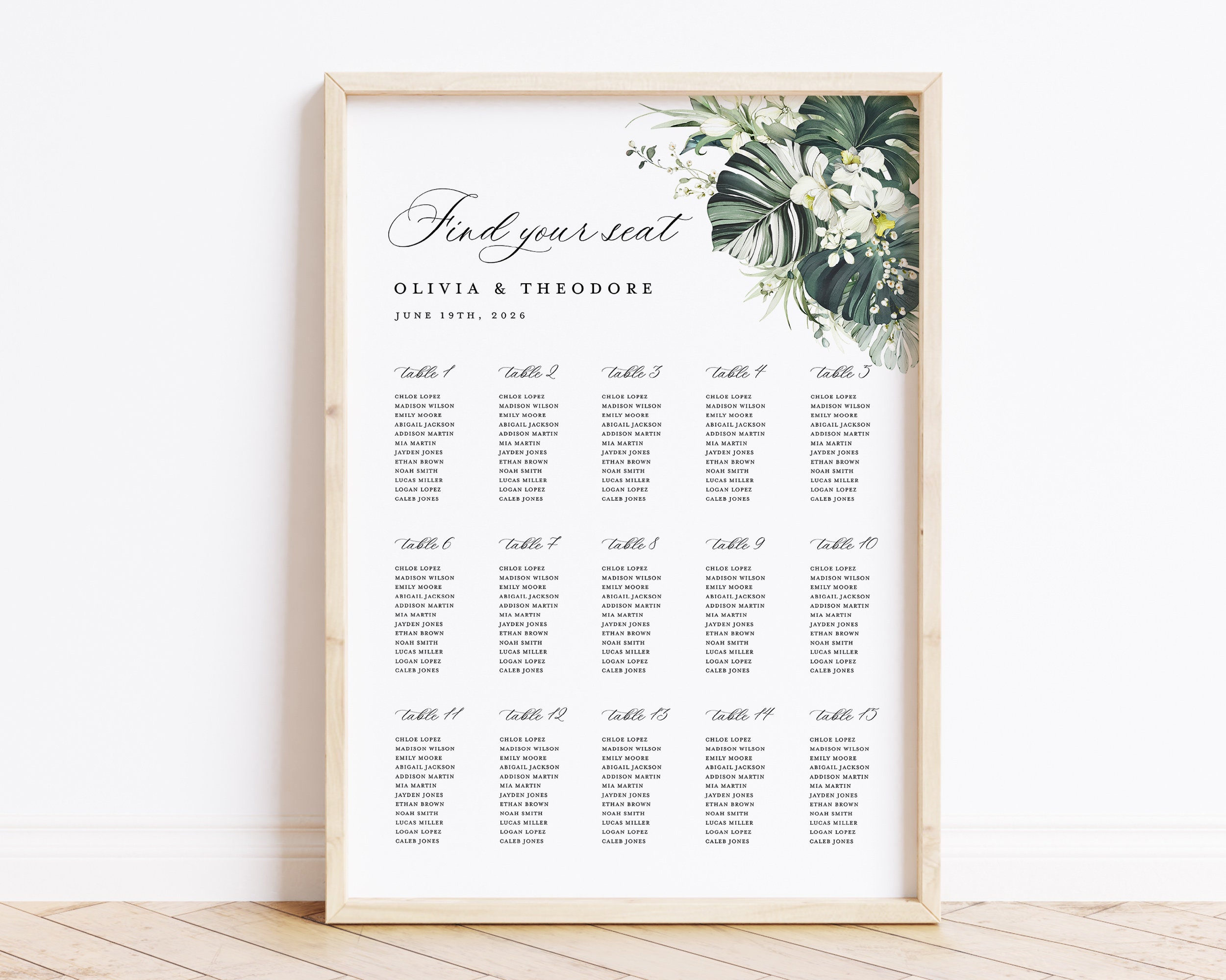Tropical Wedding Seating Chart Sign Template, Monstera Sage Large Guest ...