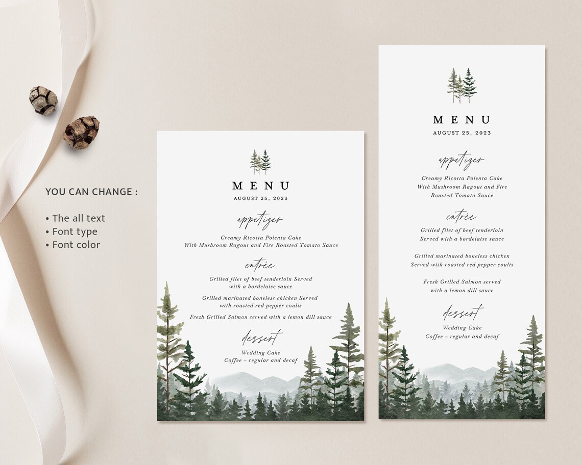 Mountain Wedding Menu Template Woodland Forest Pine Reception - Etsy
