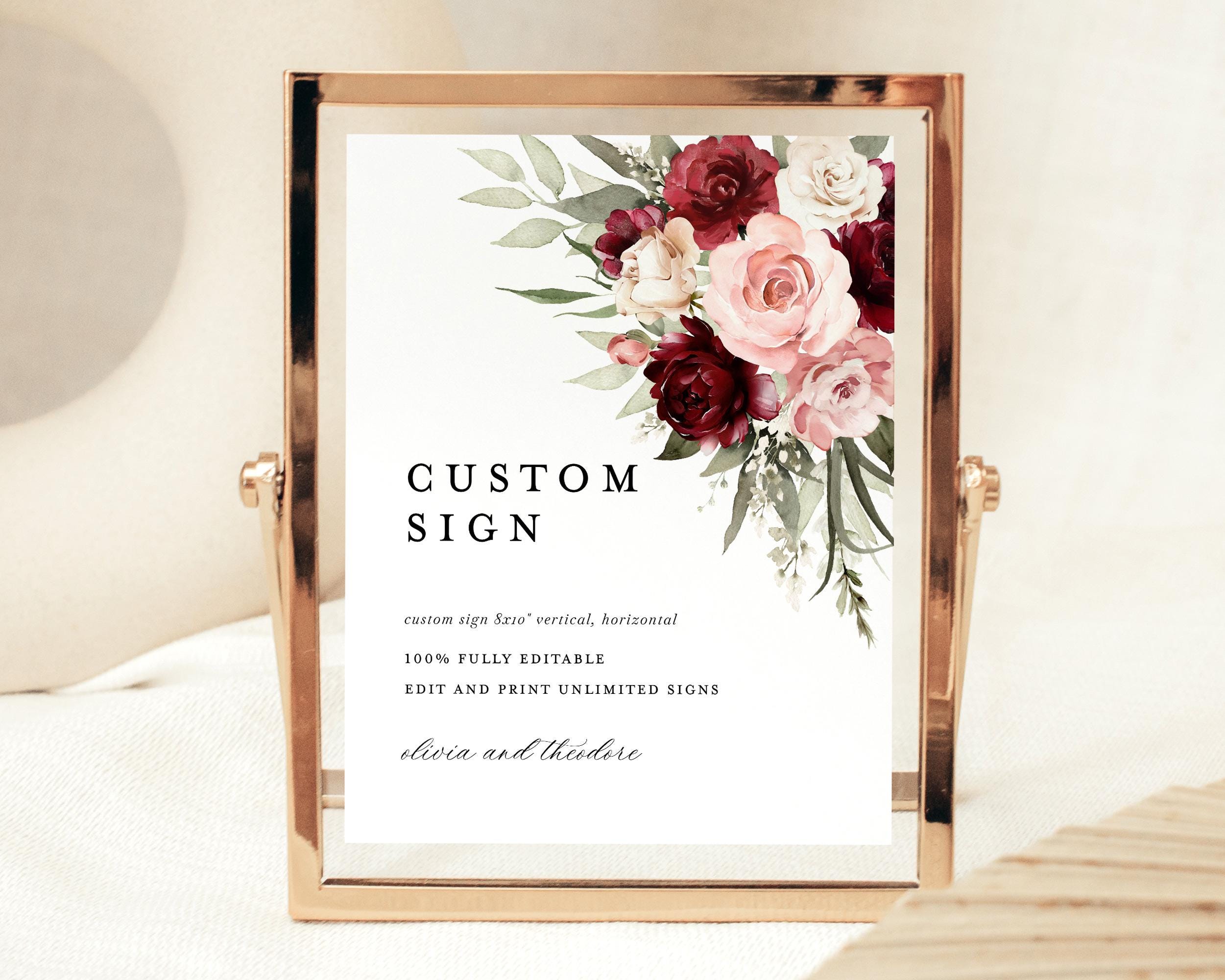 Burgundy Custom Wedding Sign Template, Blush Pink Reception Table Decor ...