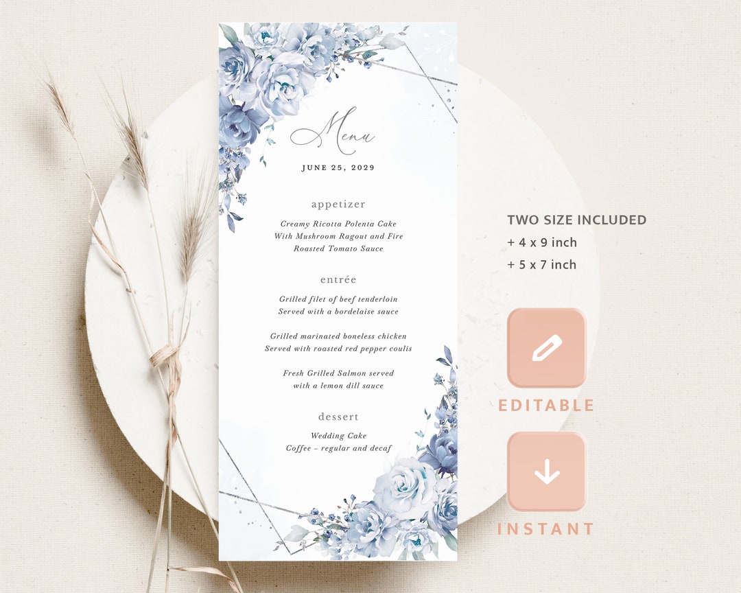 Dusty Blue Wedding Menu Cards Template, Silver Floral Reception Menu ...