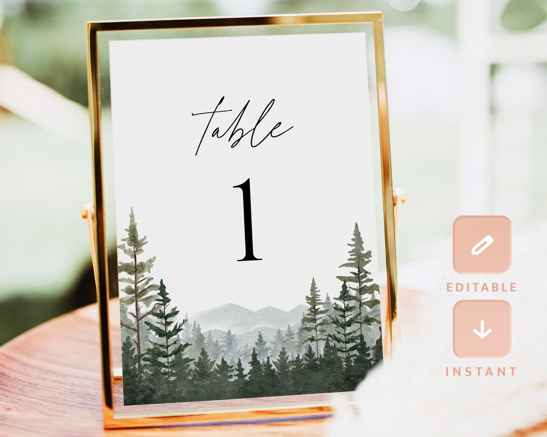 Mountain Wedding Table Number Card Template, Woodland Forest Pine Table ...