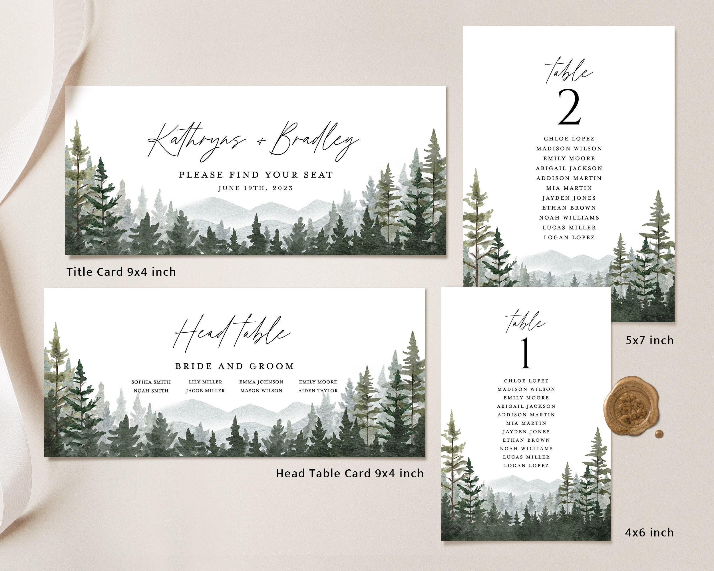 Mountain Wedding Seating Chart Card Template, Woodland Table Numbers ...