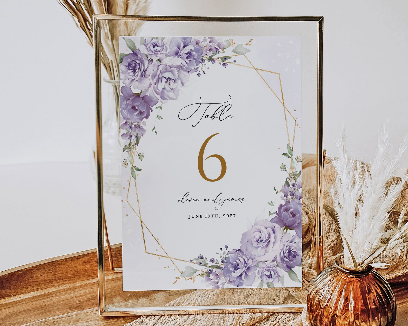 Lavender Floral Wedding Table Number Card Template, Lilac Gold Table ...