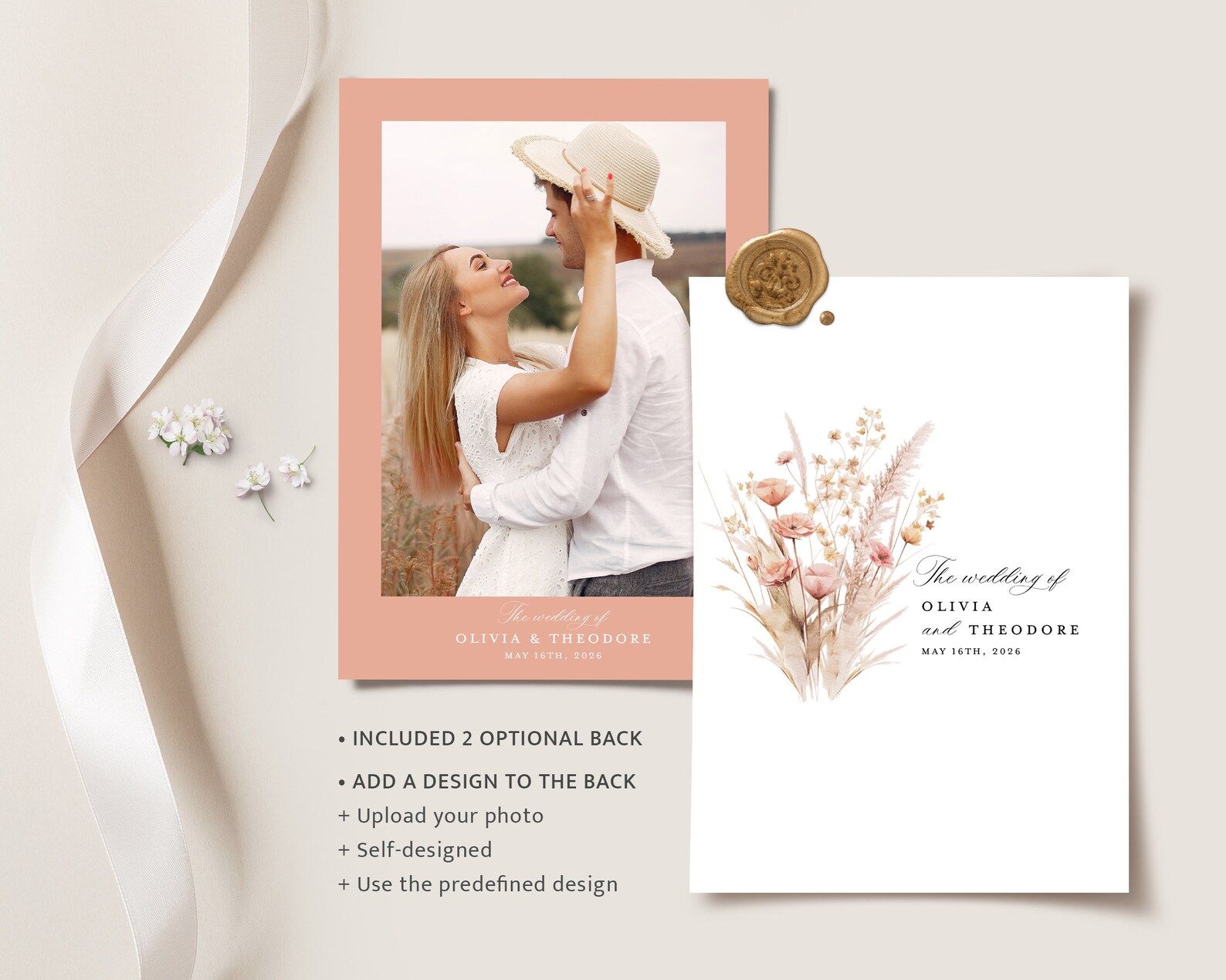 Pink Terracotta Wedding Invitation Template Set, Boho Wildflower ...