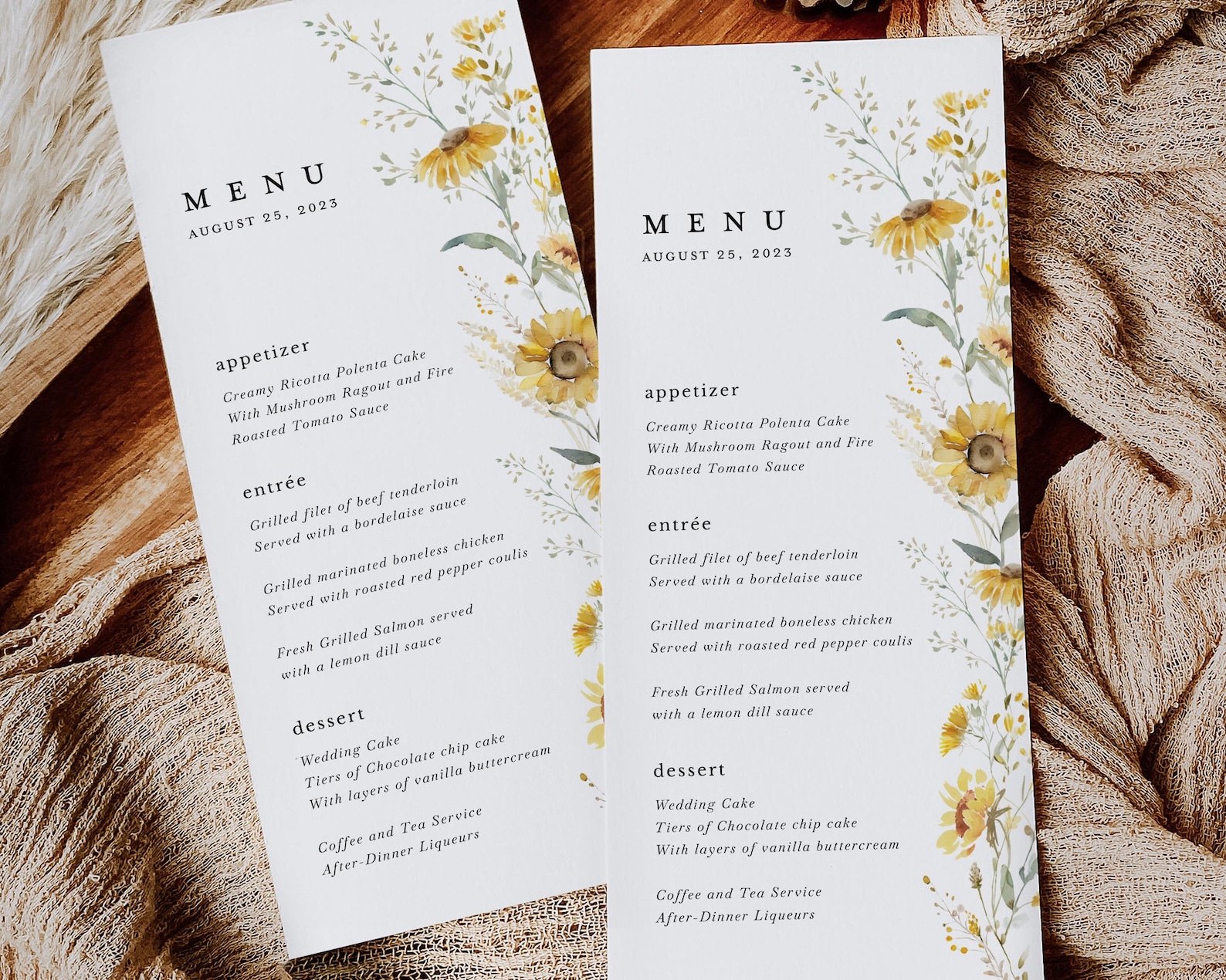 Sunflower Wedding Menu Cards Template, Boho Wildflower Reception Menu ...