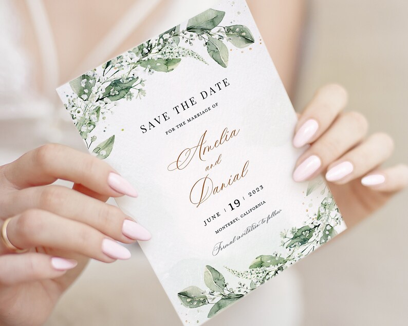 Boho Save the Date Card Template Greenery Watercolor - Etsy