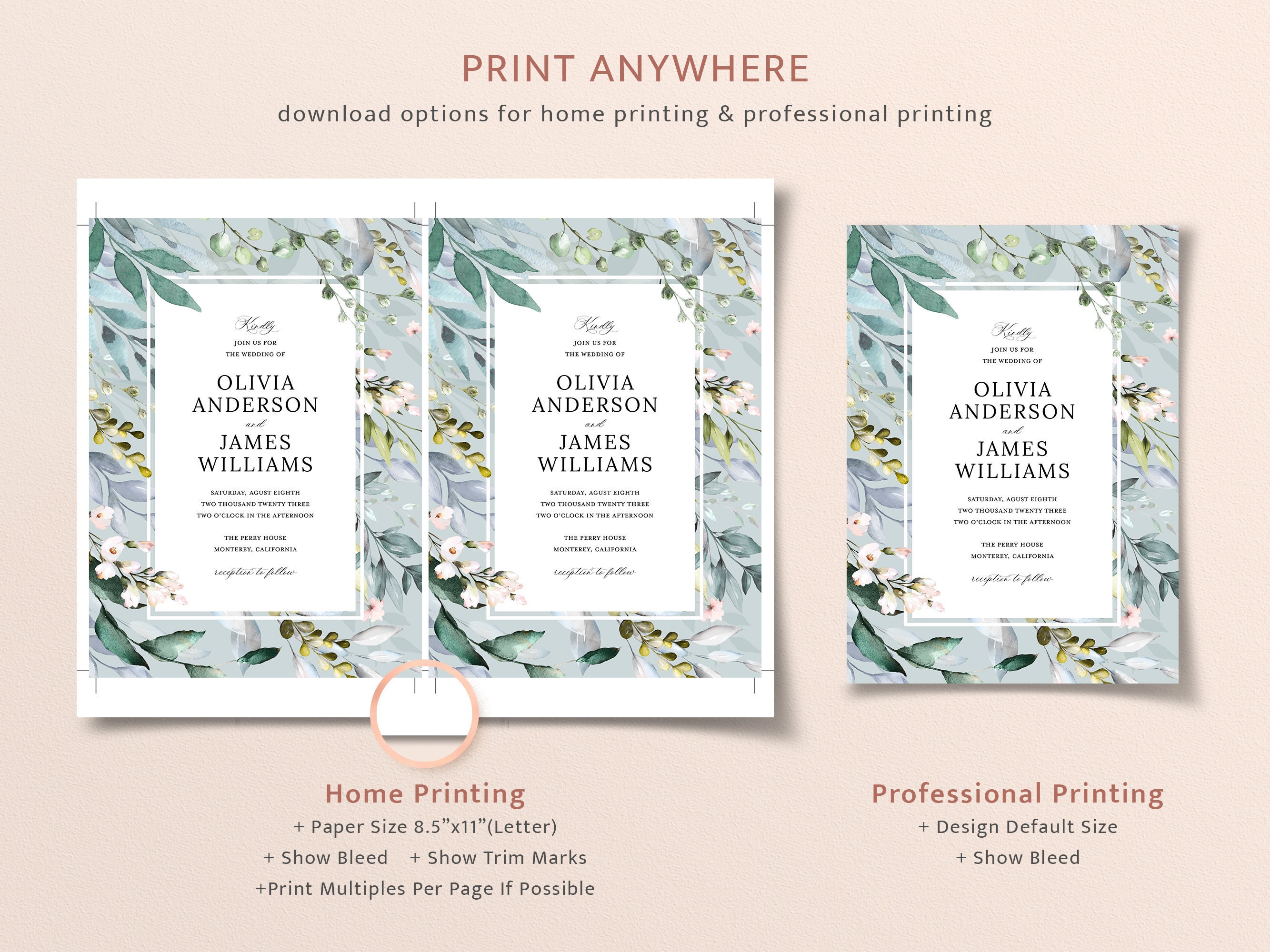 Dusty Blue Wedding Invitation Template Set Greenery Floral - Etsy