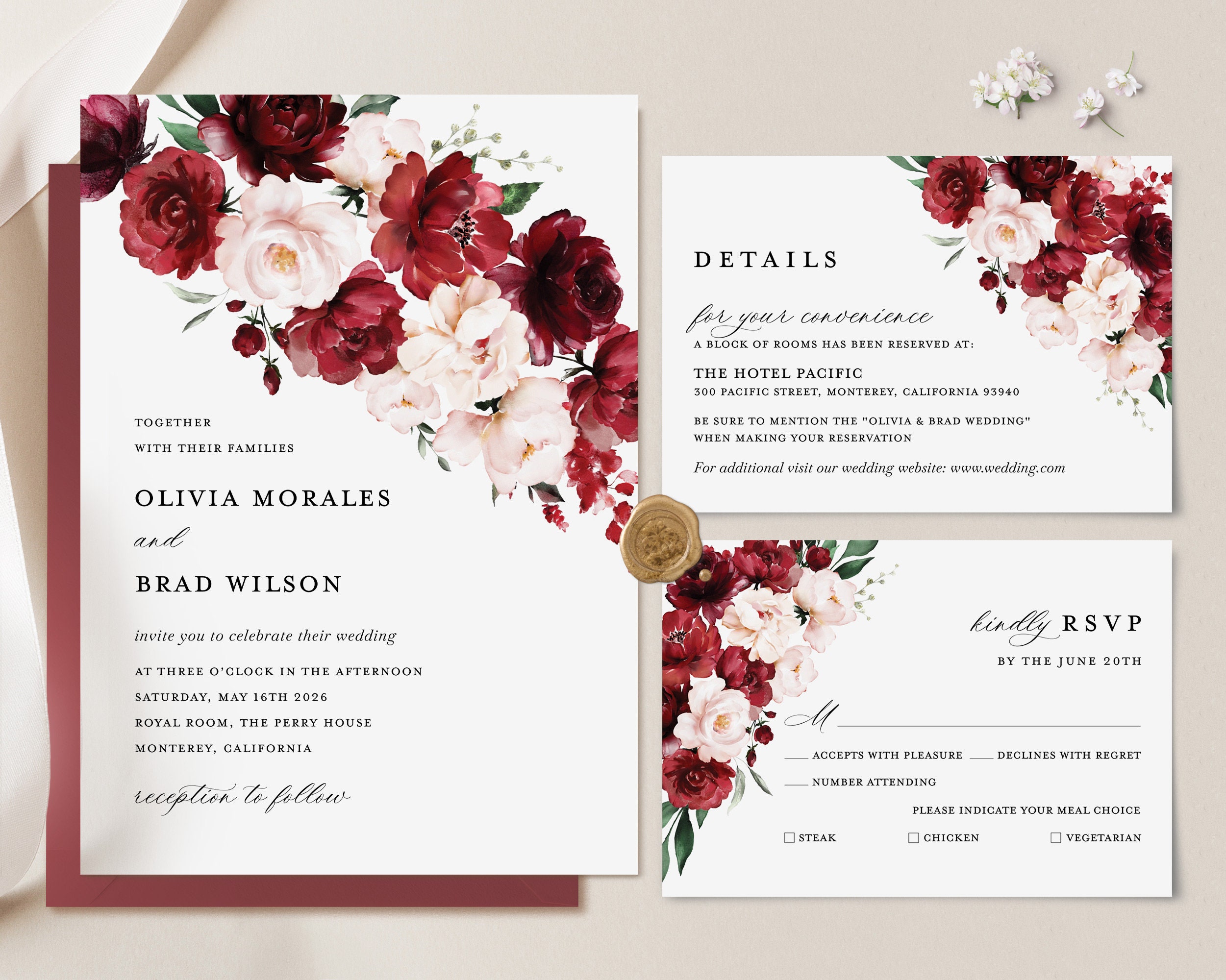 Burgundy Wedding Invitation Template Boho Blush Rose Wedding - Etsy