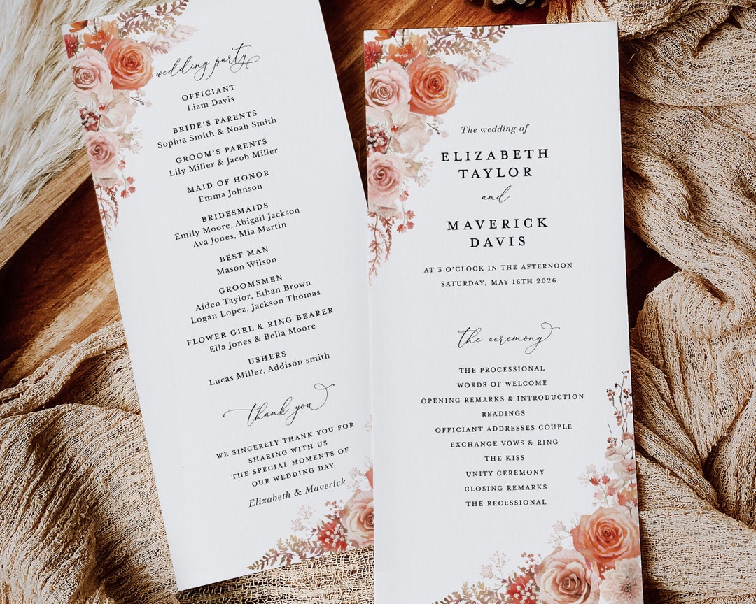 Terracotta Wedding Programs Template, Boho Ceremony Program, Printable ...