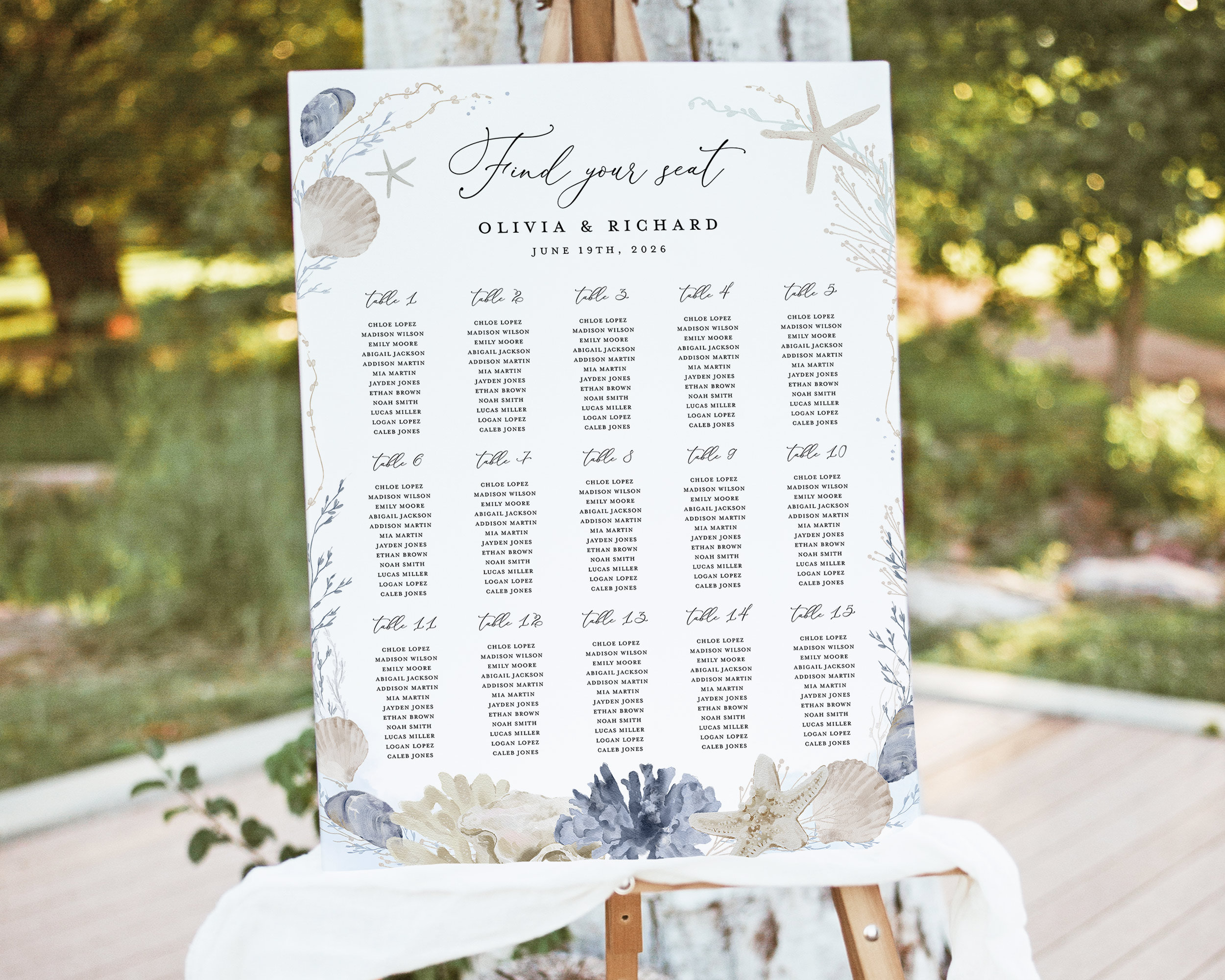 Blue Beach Ocean Wedding Seating Chart Template, Printable Boho Large ...