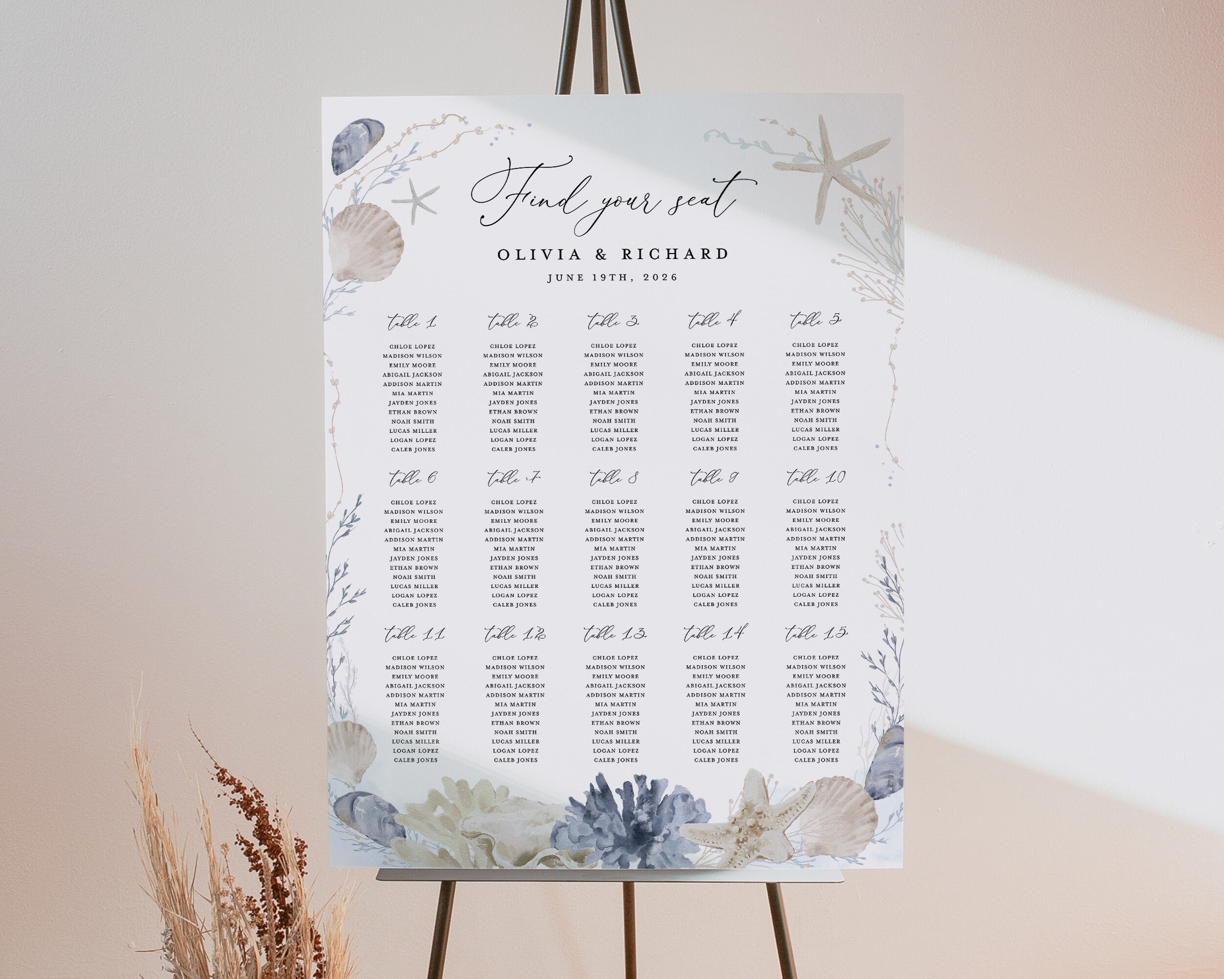 Blue Beach Ocean Wedding Seating Chart Template, Printable Boho Large ...