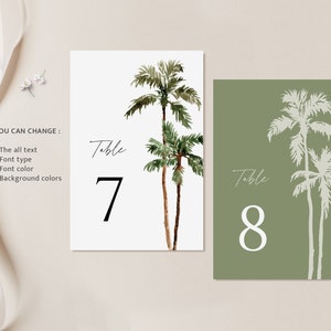 Palm Tree Wedding Table Numbers Card Template, Destination Beach ...