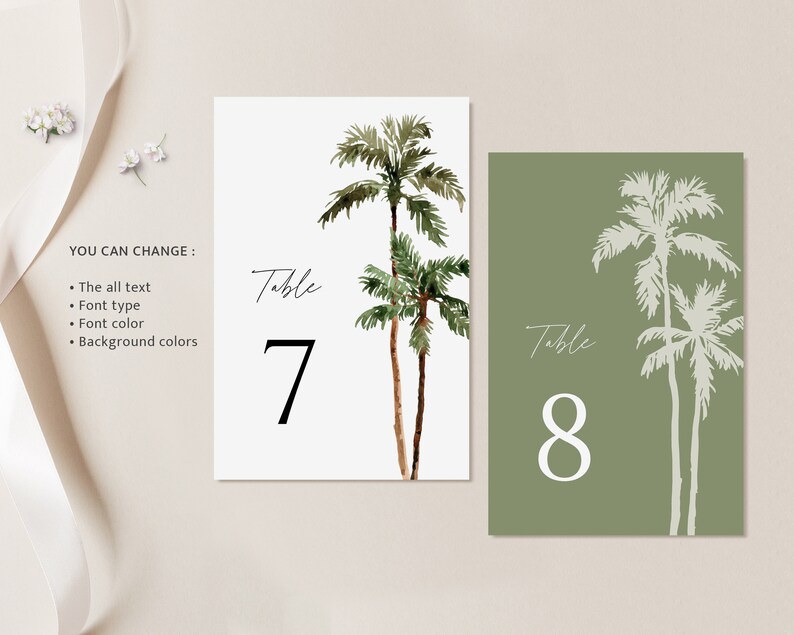 Palm Tree Wedding Table Numbers Card Template, Destination Beach ...