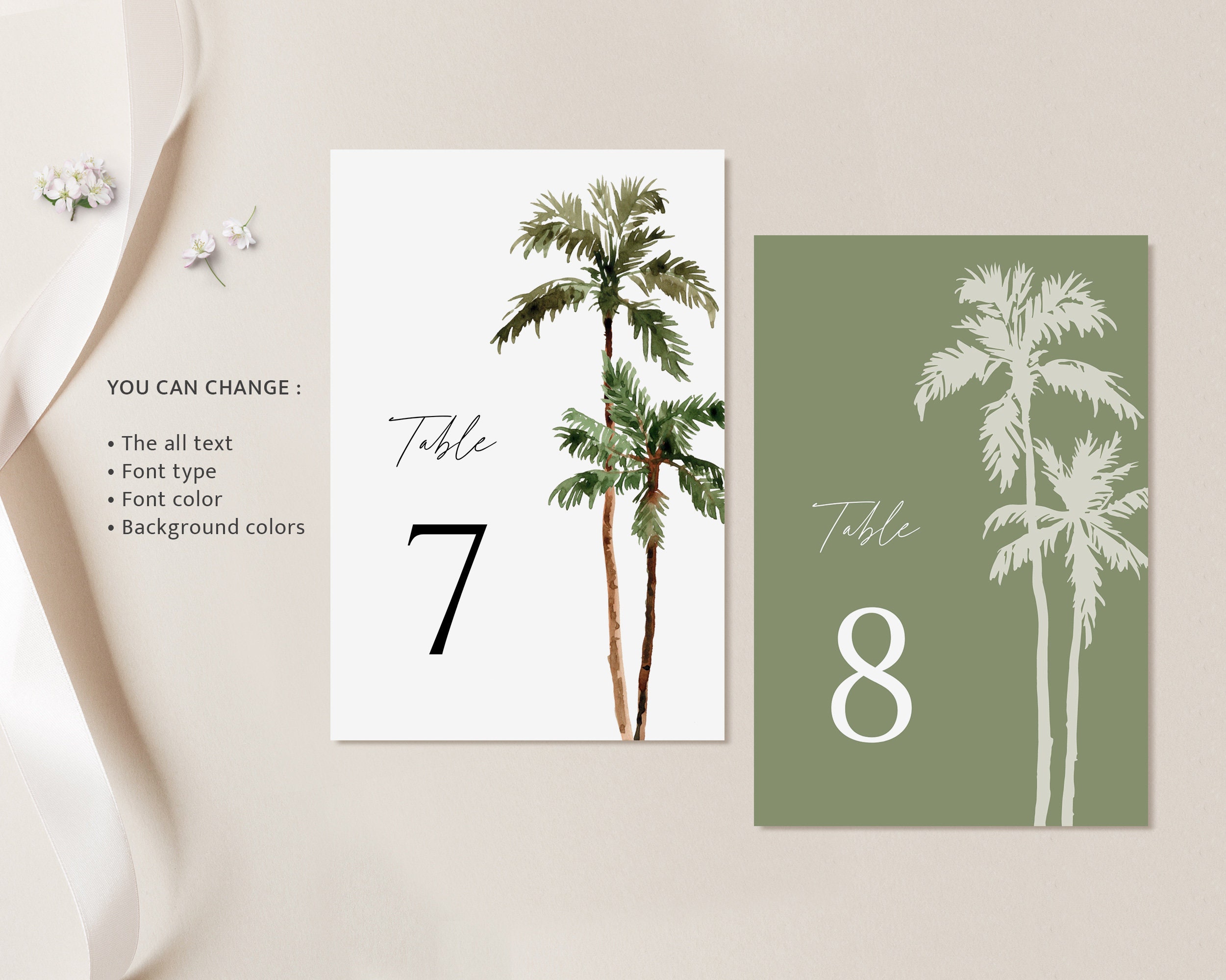 Palm Tree Wedding Table Numbers Card Template, Destination Beach ...