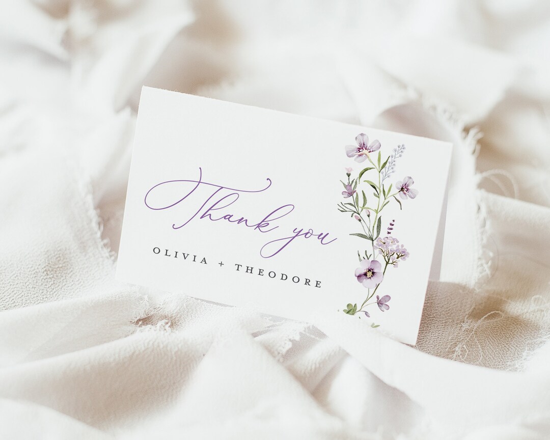 Boho Lavender Wedding Thank You Card Template, Lilac Wildflower Thank ...