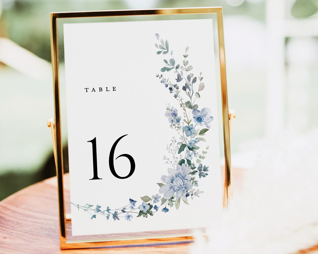 Dusty Blue Wedding Table Numbers Card Template, Boho Wildflower Table ...