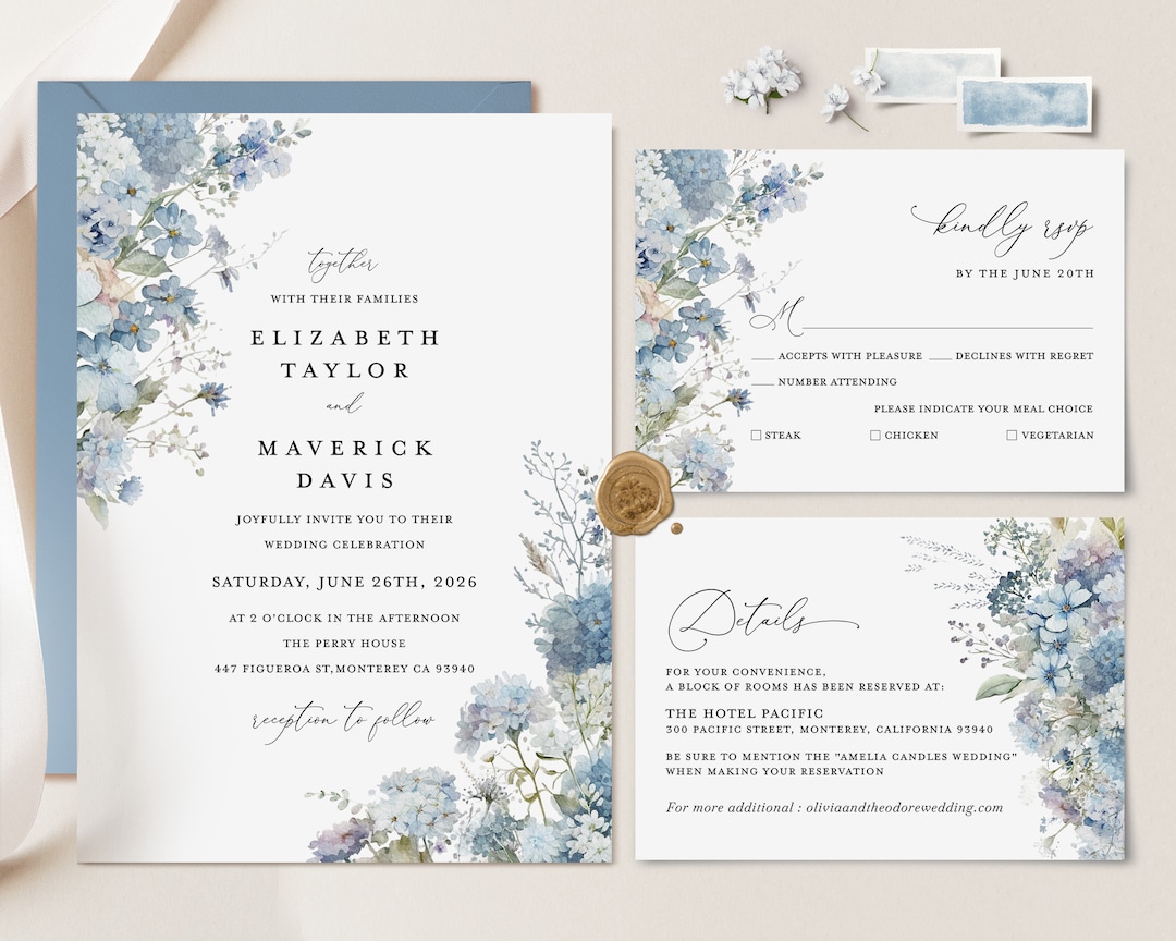 Dusty Blue Wedding Invitation Template Set, Boho Floral Wedding Invite ...