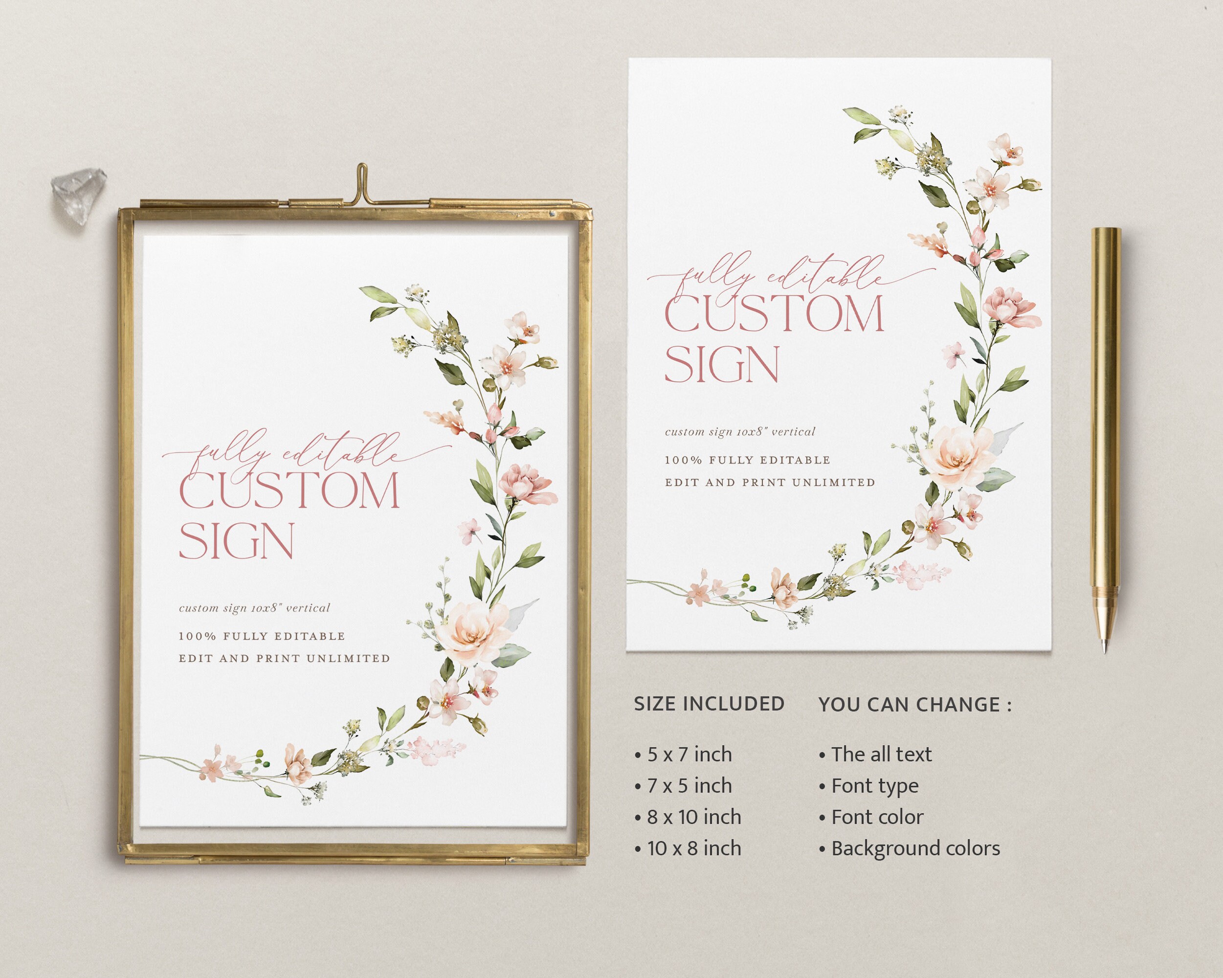 Boho Floral Custom Wedding Sign Template Blush Pink Reception | Etsy