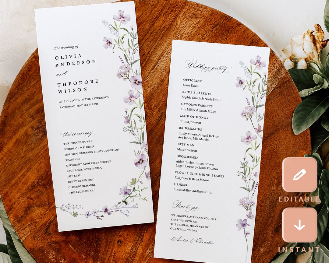 Lavender Wedding Programs Template, Ceremony Boho Floral Program ...