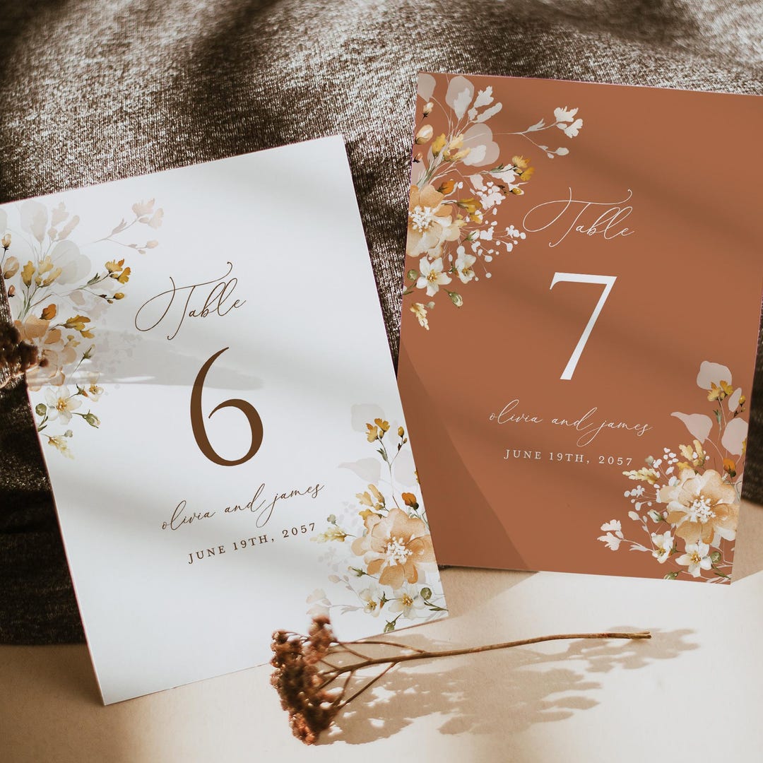 Terracotta Wedding Table Numbers Card Template, Boho Floral Table ...