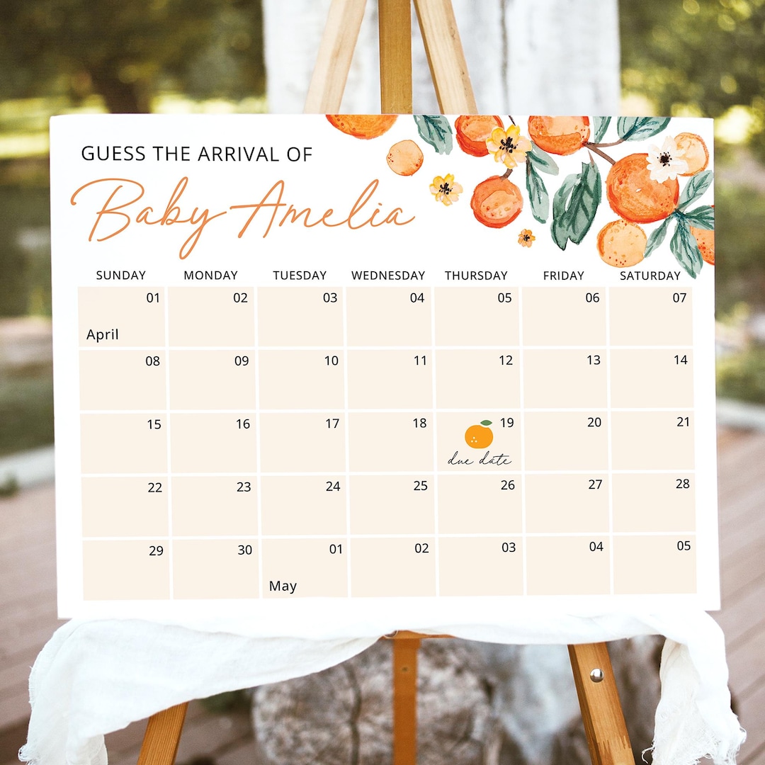 Little Cutie Guess the Baby Due Date Calendar Game Sign, Orange Citrus ...