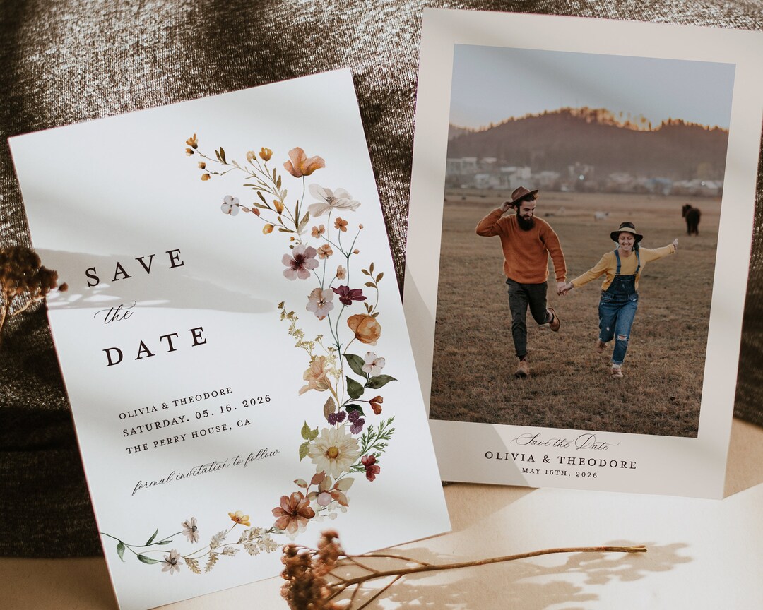 Boho Terracotta Save the Date Cards Template, Photo Wildflower Wedding ...