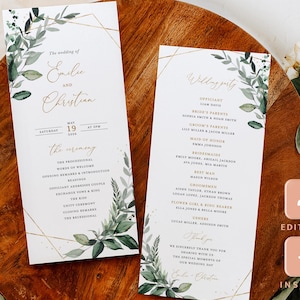 Sage Greenery Wedding Programs Template, Ceremony Botanical Program, Elegant Gold Geometric ...