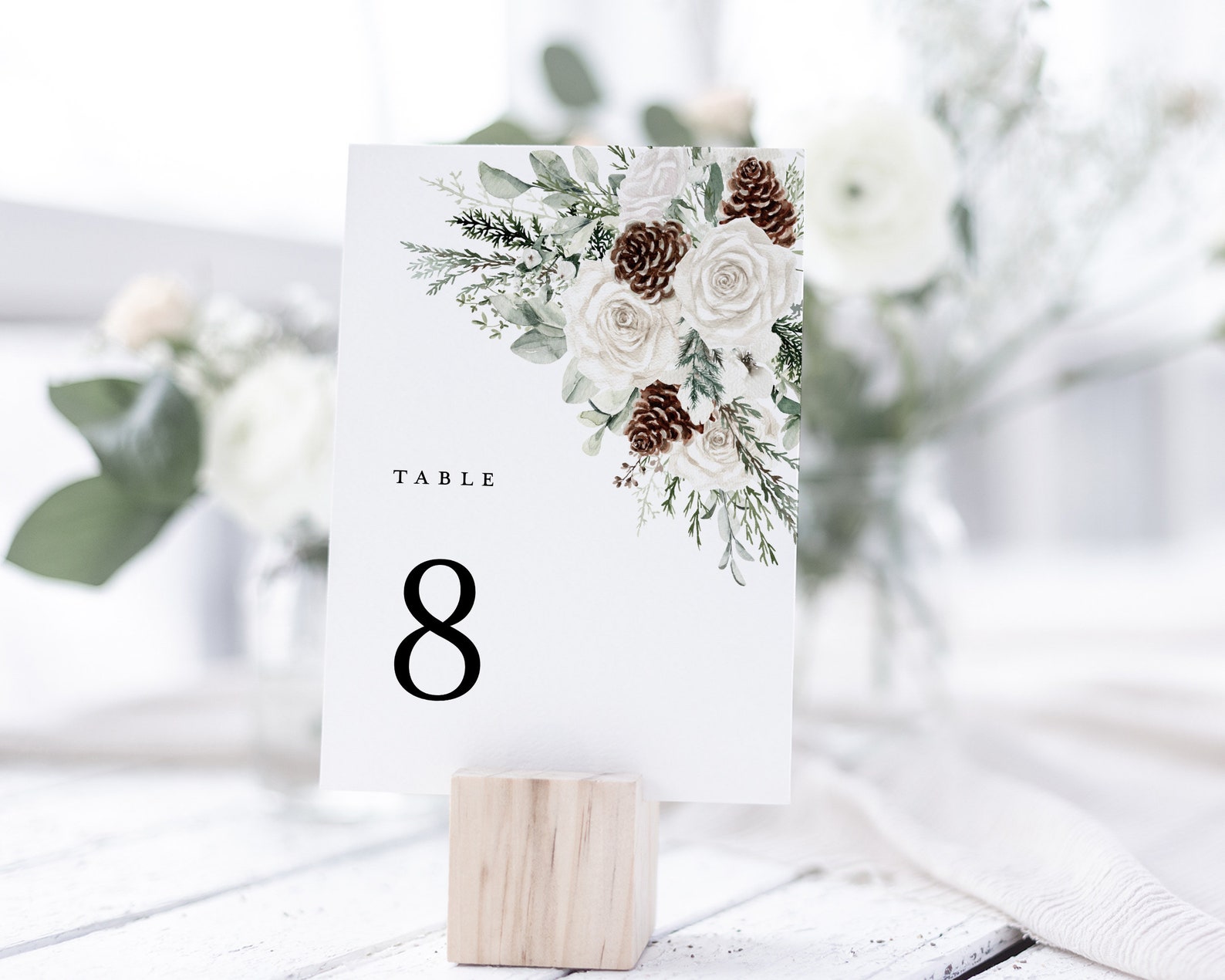 Winter Sage Green Wedding Table Numbers Card Template, Boho Floral ...
