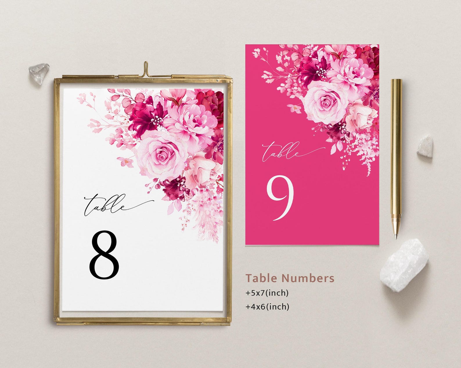 Hot Pink Bridal Shower Table Numbers Card Template, Floral Table ...