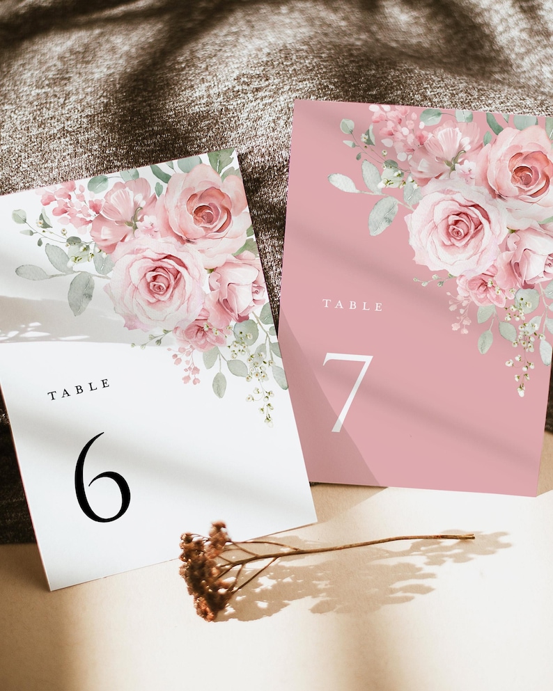 Blush Pink Wedding Table Numbers Card Template, Floral Sage Table ...
