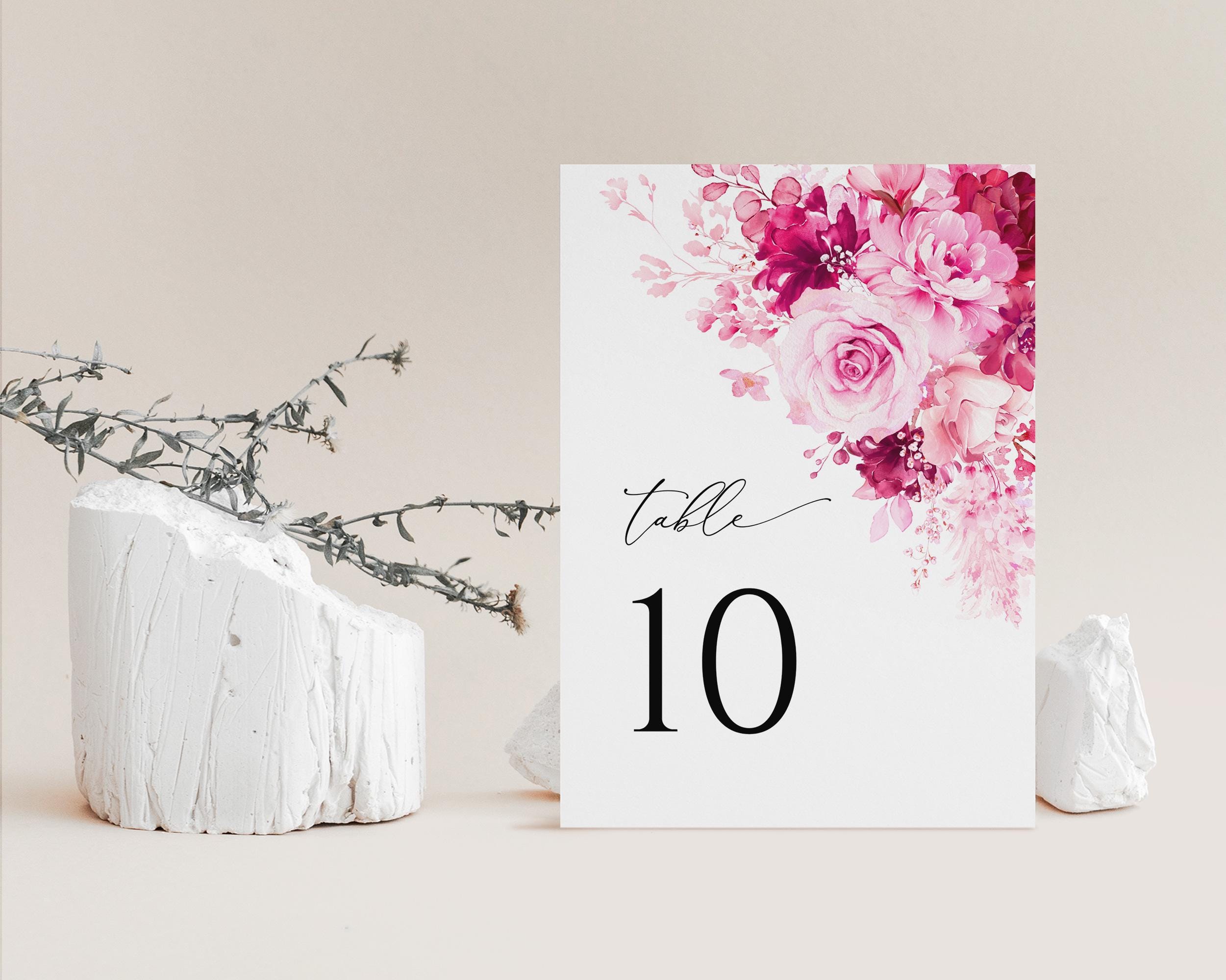 Hot Pink Bridal Shower Table Numbers Card Template, Floral Table ...