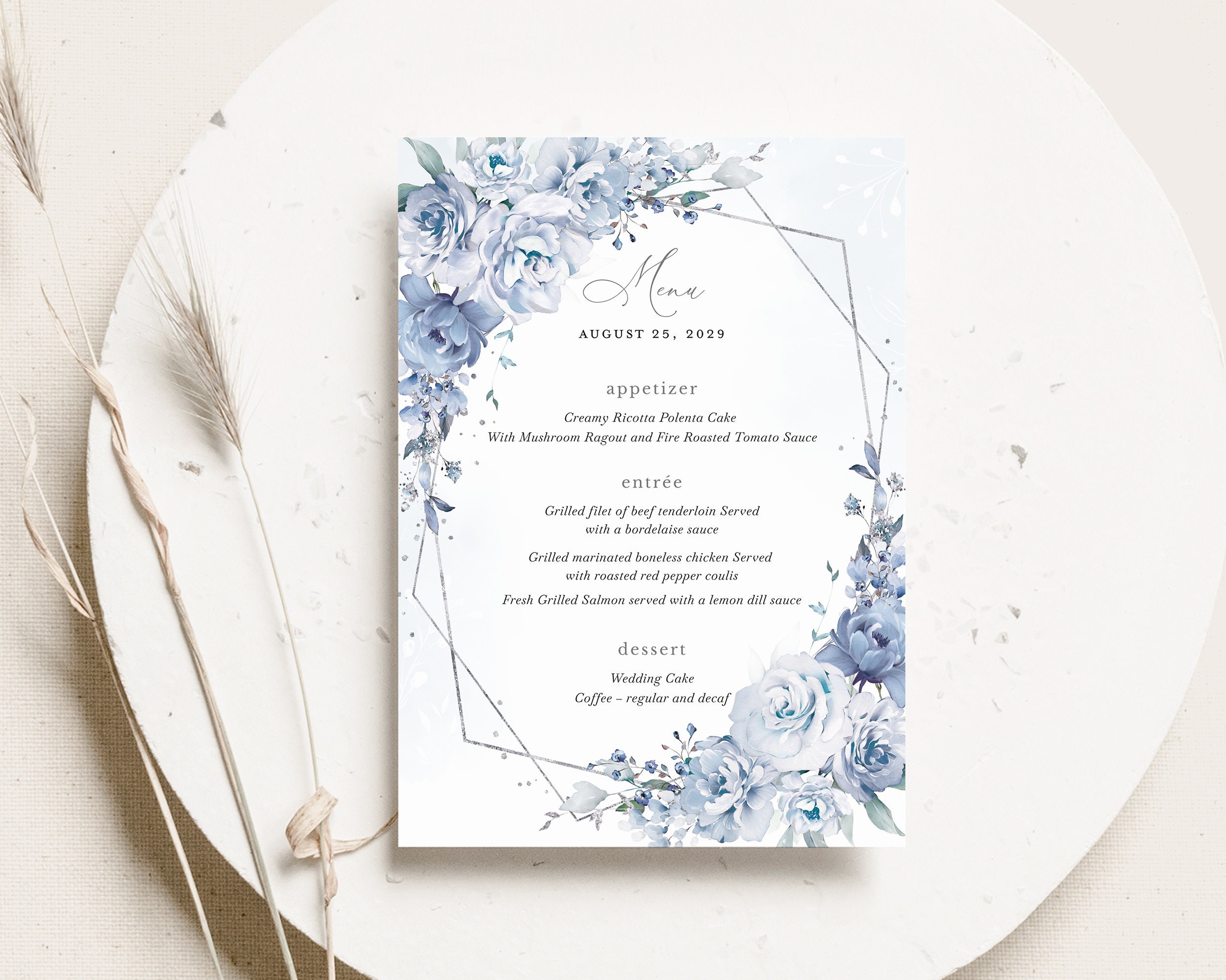 Dusty Blue Wedding Menu Cards Template, Silver Floral Reception Menu ...