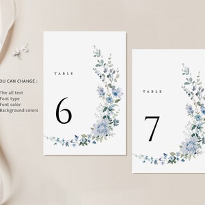 Dusty Blue Wedding Table Numbers Card Template, Boho Wildflower Table ...