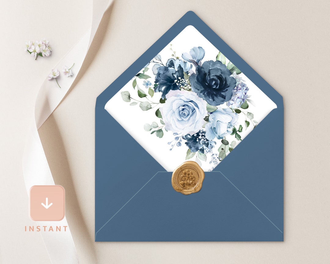 Dusty Blue Navy Envelope Liner Template, Floral A6 and A7 Euro Flap ...
