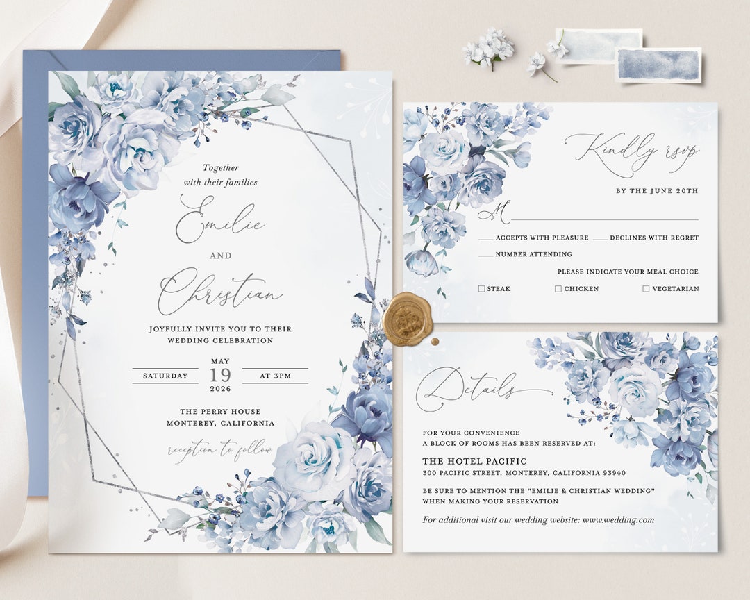 Dusty Blue Wedding Invitation Template, Boho Floral Wedding Invite ...