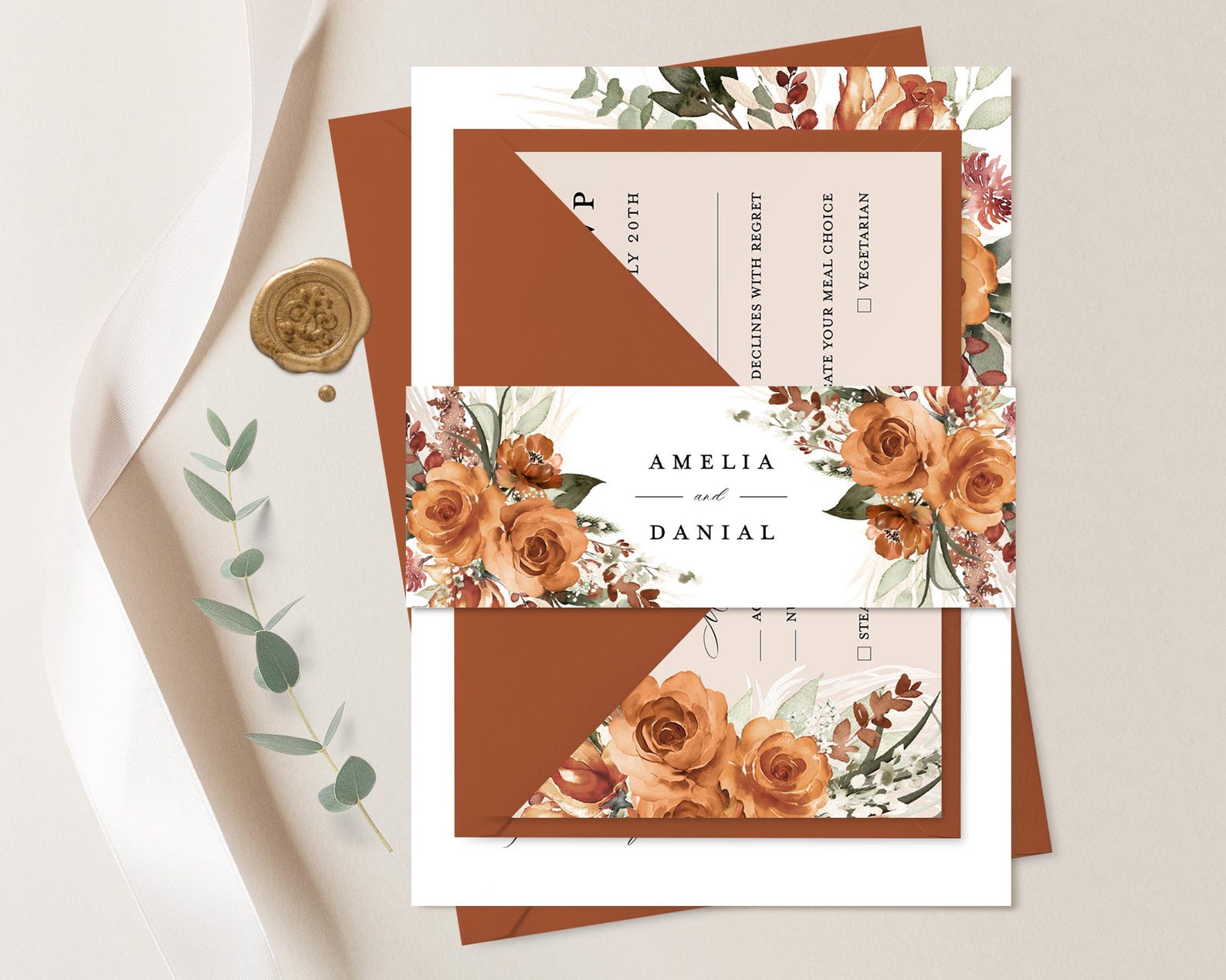 Terracotta Belly Band Template for Wedding Invitation, Boho Floral ...