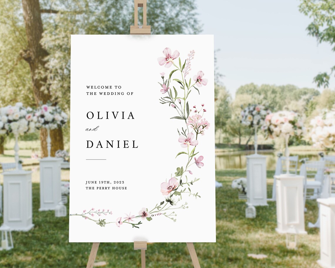 Blush Pink Floral Wedding Welcome Sign Template Wildflower - Etsy