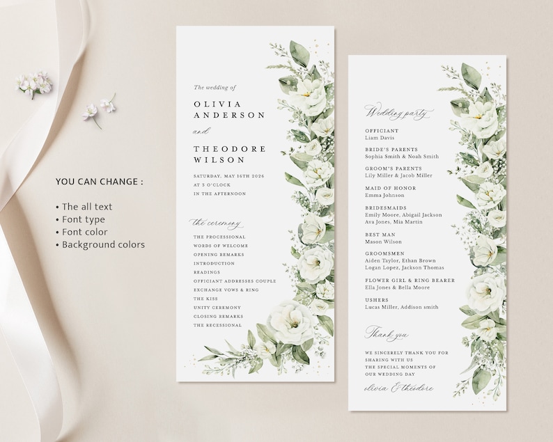 White Floral Wedding Programs Template, Sage Ceremony Program, Boho ...